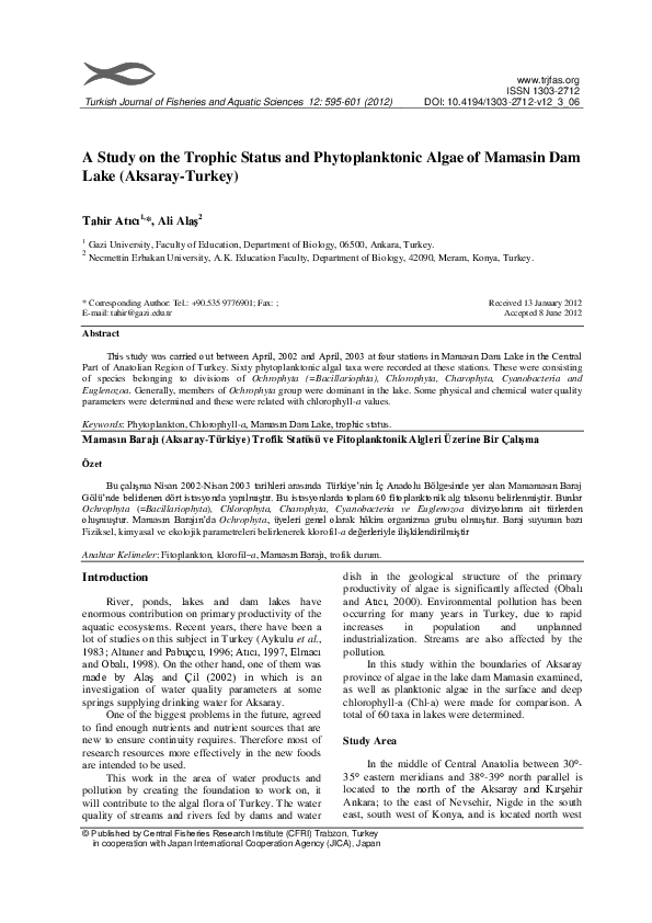 (PDF) Determination of Trophic Status of Afsar (Manisa-Turkey) Dam Lake