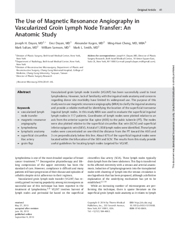 (PDF) The Use of Magnetic Resonance Angiography in Vascularized Groin Lymph Node Transfer: An ...
