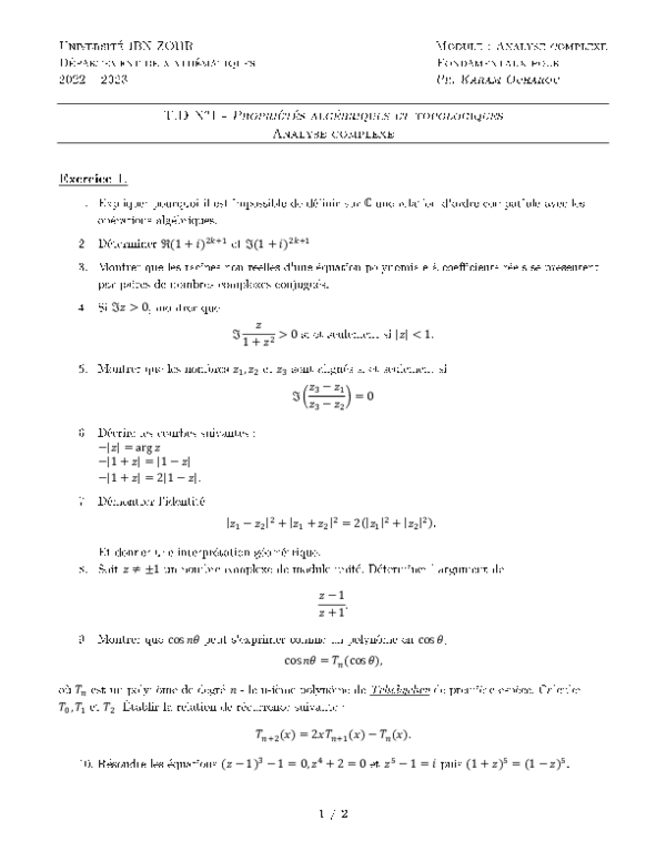 (PDF) TD N°1 Analyse complexe La Topologie algébrique Pr. Karam Ouharou