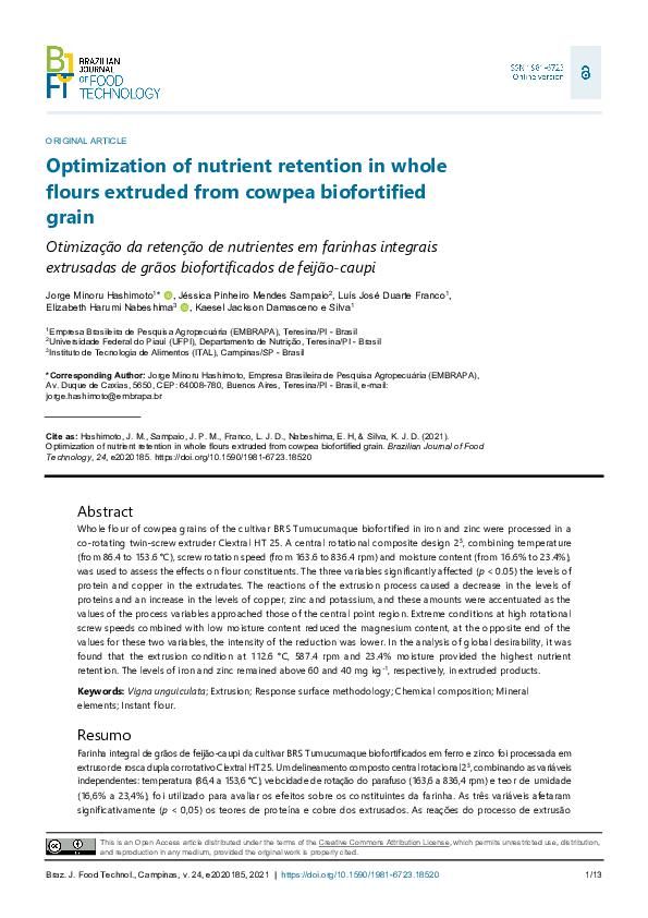 (PDF) Optimization of nutrient retention in whole flours extruded from ...