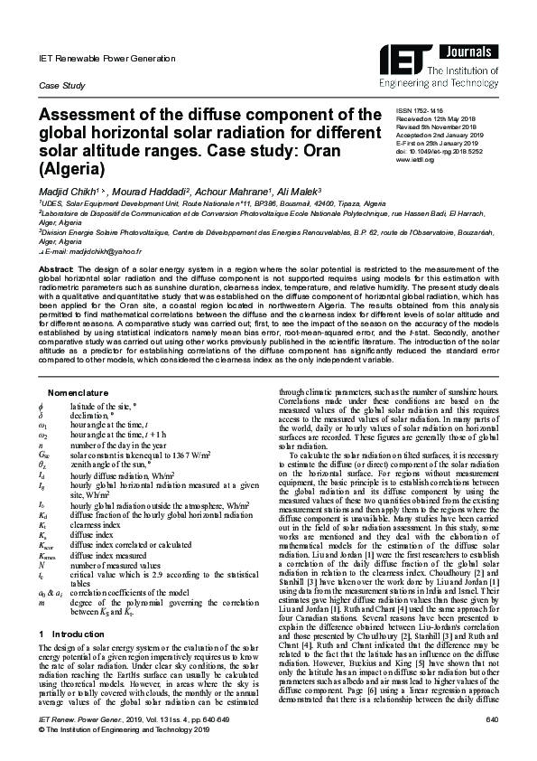 (PDF) Assessment of the diffuse component of the global horizontal ...
