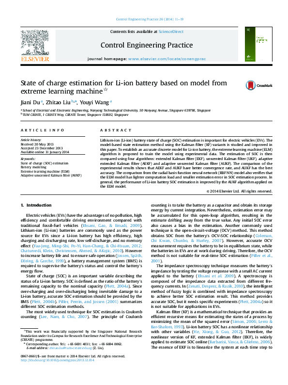 Pdf State Of Charge Estimation For Li Ion Battery Based On Model From