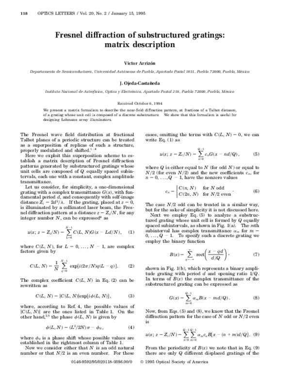 (PDF) Fresnel diffraction of substructured gratings: matrix description | Juan Juniors Ibarra ...