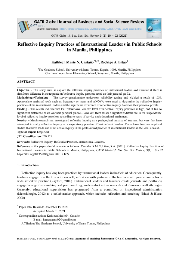 (PDF) Reflective Inquiry Practices of Instructional Leaders in Public ...