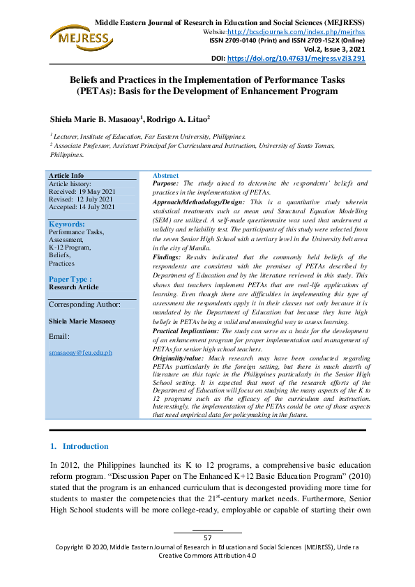 (PDF) Beliefs and Practices in the Implementation of Performance Tasks (PETAs): Basis for the ...
