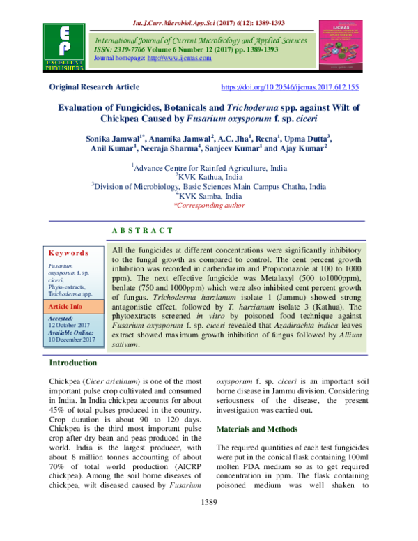 Pdf Evaluation Of Fungicides Botanicals And Trichoderma Spp Against Wilt Of Chickpea Caused