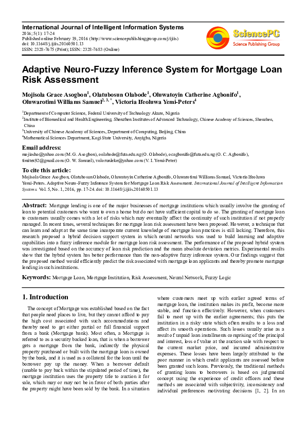 (PDF) Adaptive Neuro-Fuzzy Inference System for Mortgage Loan Risk Assessment | Oluwatoyin C ...