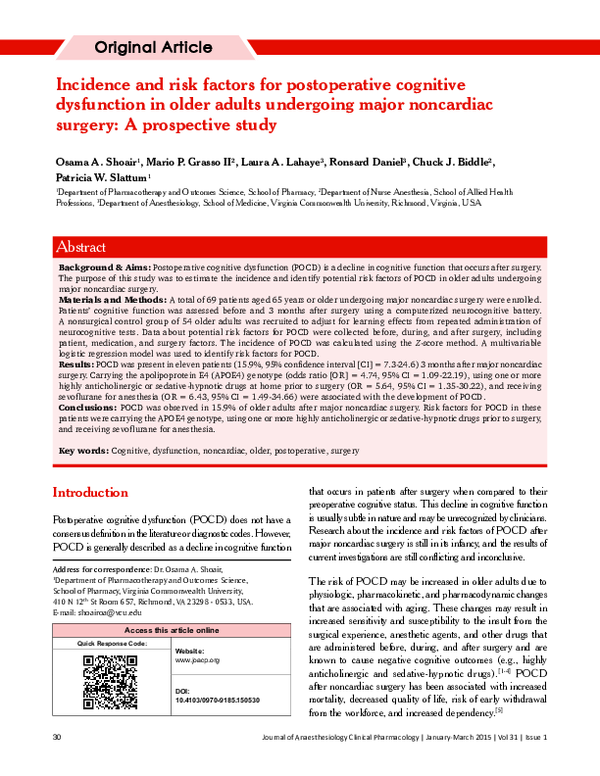 (PDF) Incidence and risk factors for postoperative cognitive ...