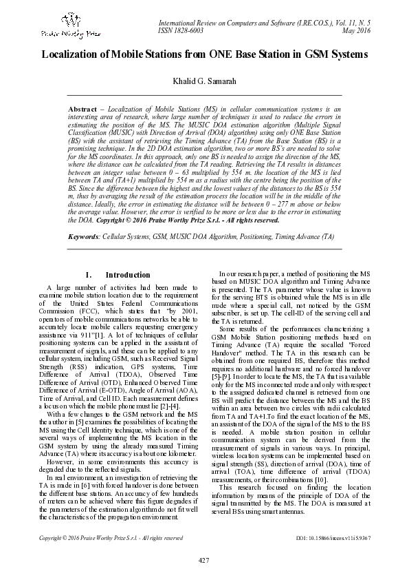 (PDF) Localization of Mobile Stations from ONE Base Station in GSM Systems