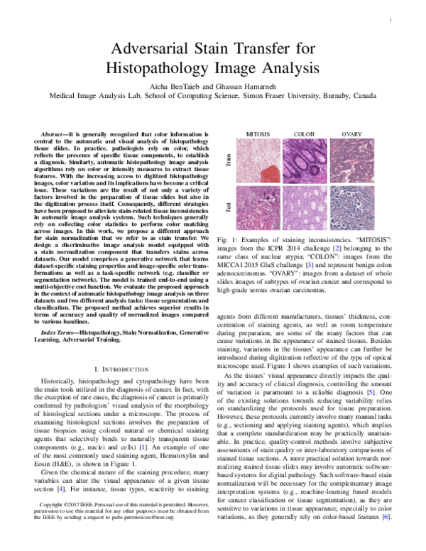 (PDF) Adversarial Stain Transfer for Histopathology Image Analysis