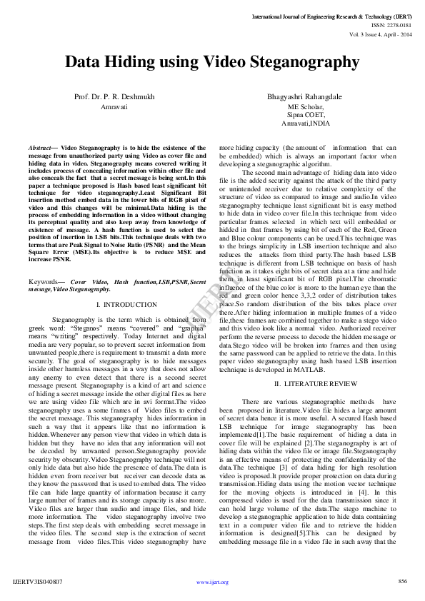 (PDF) Data Hiding using Video Steganography