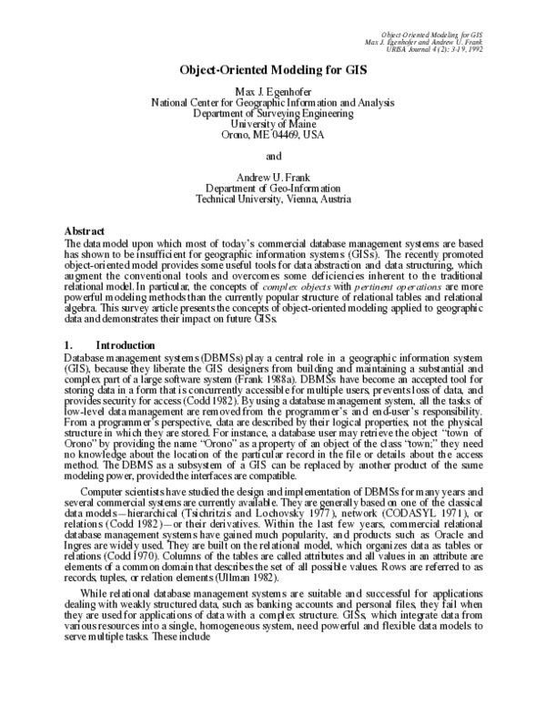 Pdf Object Oriented Modeling For Gis
