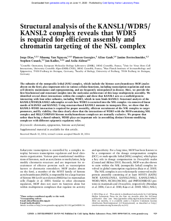 (PDF) Structural analysis of the KANSL1/WDR5/KANSL2 complex reveals ...