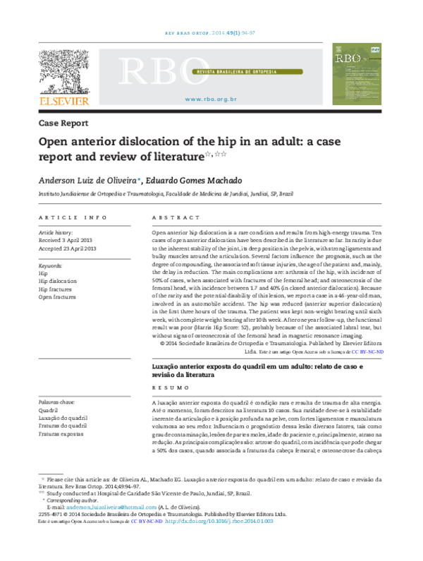 (PDF) Open anterior dislocation of the hip in an adult: a case report and review of literature
