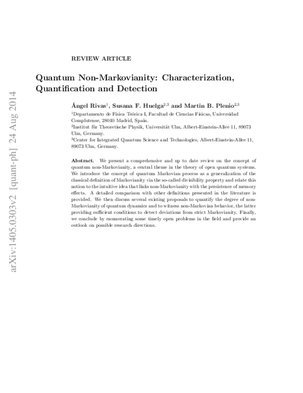 (PDF) Quantum non-Markovianity: characterization, quantification and detection