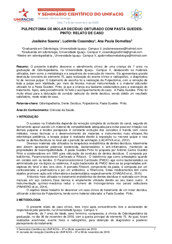 (PDF) Pulpectomia De Molar Decíduo Obturado Com Pasta Guedes- Pinto ...