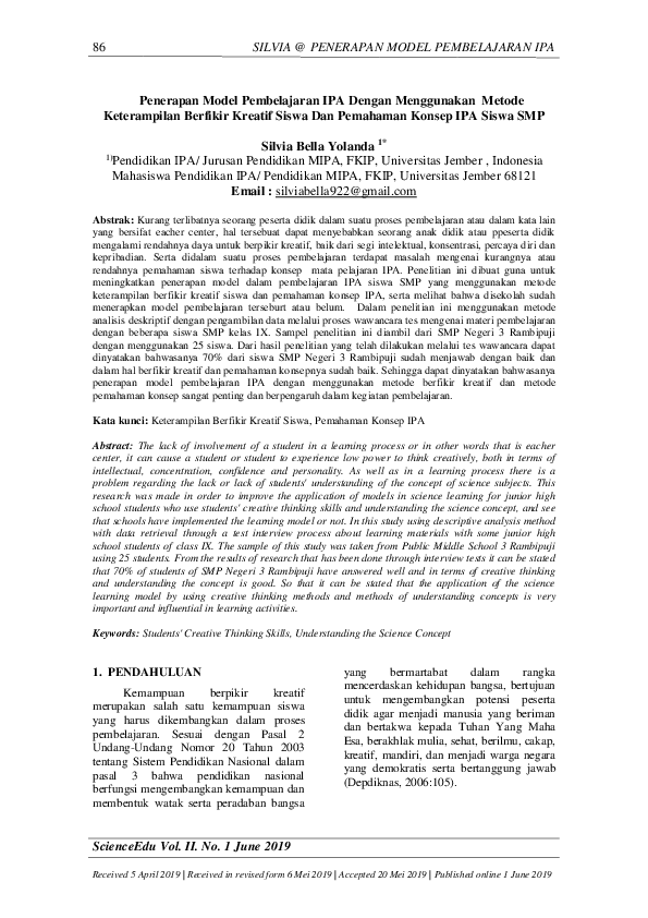 (PDF) Penerapan Model Pembelajaran IPA Dengan Menggunakan Metode Keterampilan Berfikir Kreatif ...