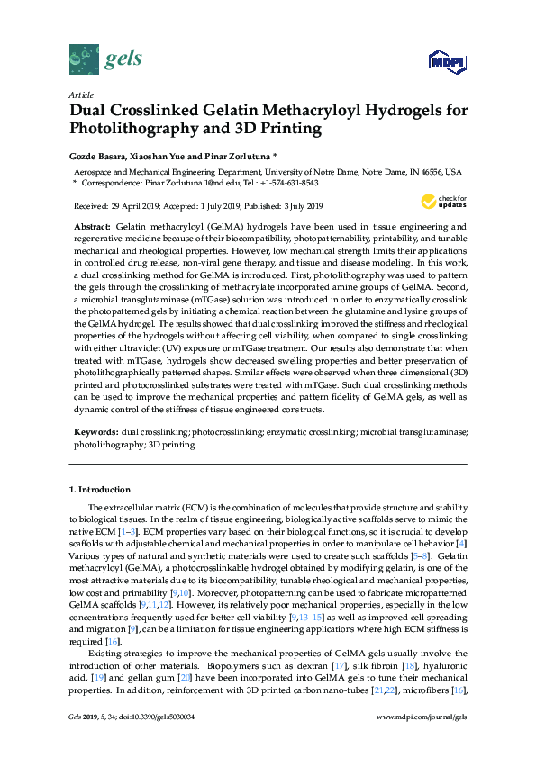 (PDF) Dual Crosslinked Gelatin Methacryloyl Hydrogels for Photolithography and 3D Printing