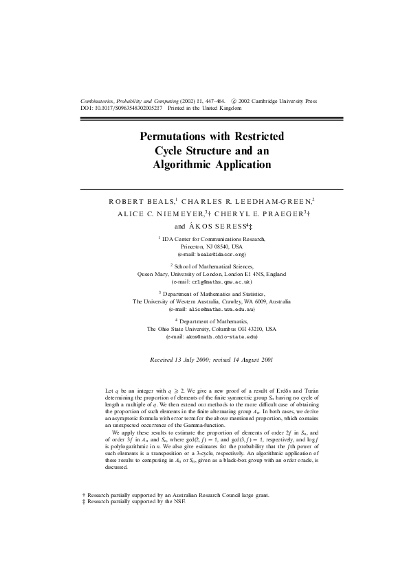 (PDF) Permutations with Restricted Cycle Structure and an Algorithmic Application
