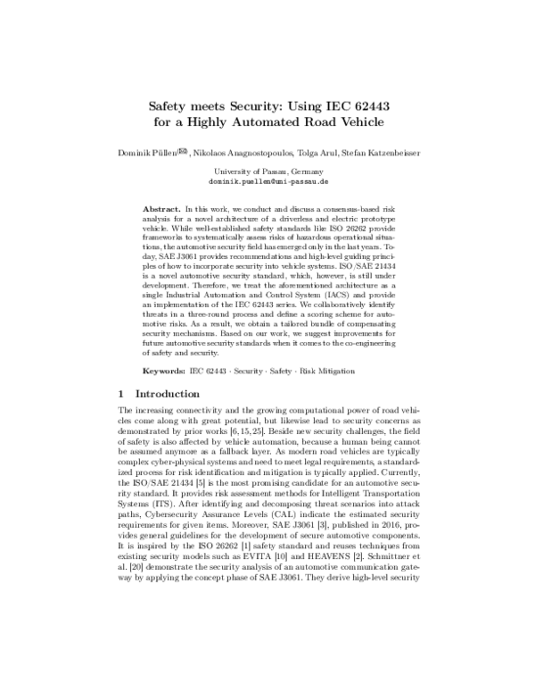 (PDF) Safety meets Security: Using IEC 62443 for a Highly Automated ... (PDF) Safety meets Security: Using IEC 62443 for a Highly Automated ...