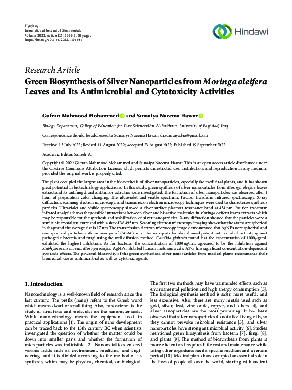 (PDF) Green Biosynthesis of Silver Nanoparticles from Moringa oleifera ...
