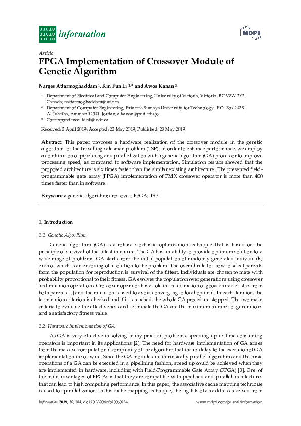 Pdf Fpga Implementation Of Crossover Module Of Genetic Algorithm