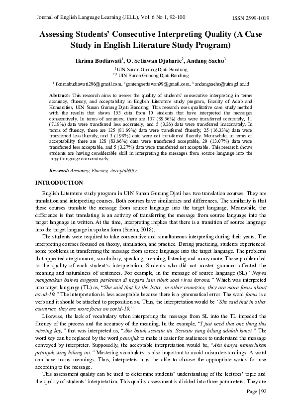 (PDF) Assessing Students' Consecutive Interpreting Quality (A Case Study in English Literature ...