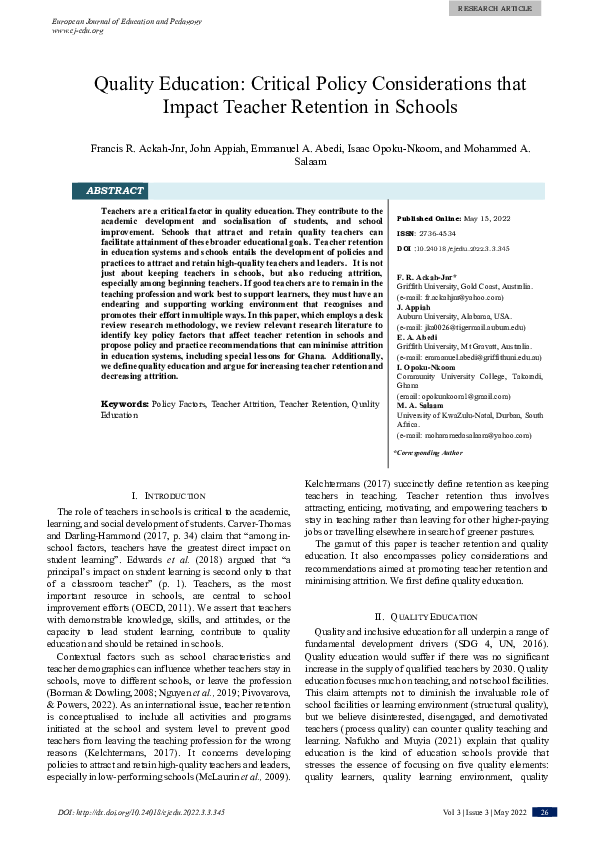 (PDF) Teacher Retention: Key Policy Insights for Schools