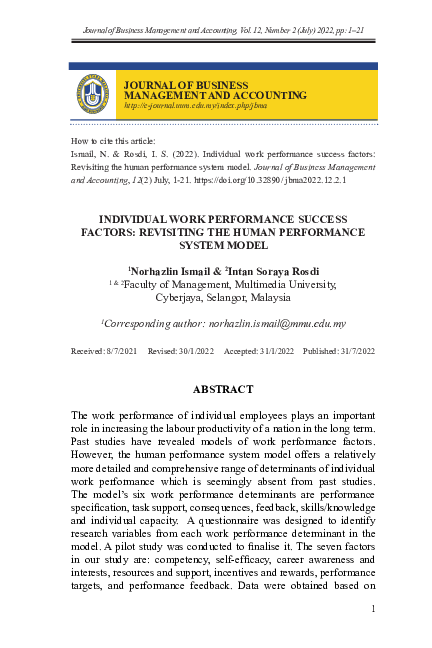 (PDF) Individual Work Performance Success Factors: Revisiting the Human Performance System Model ...