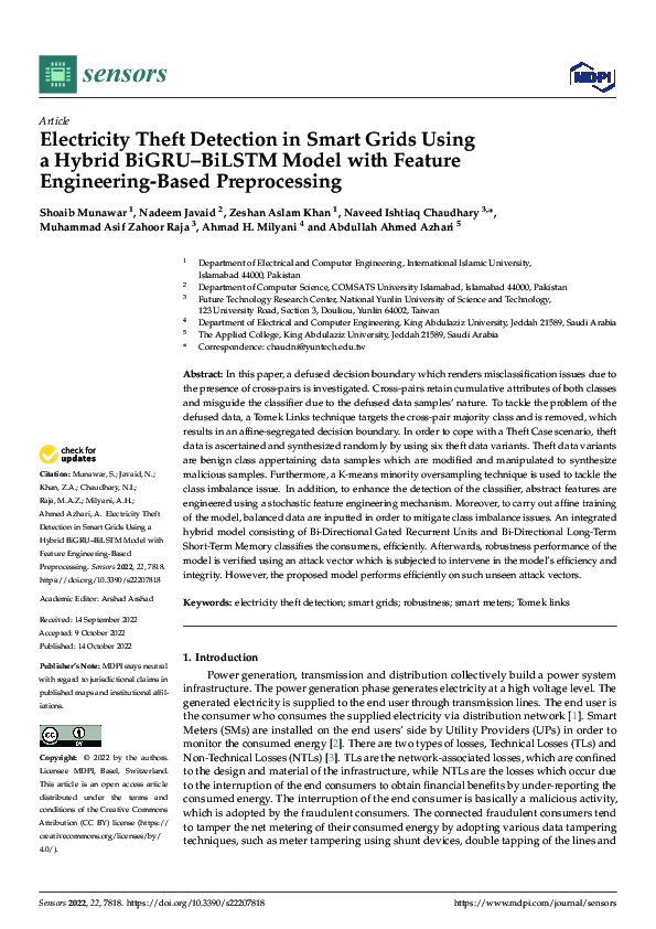 Pdf Electricity Theft Detection In Smart Grids Using A Hybrid Bigru Bilstm Model With Feature