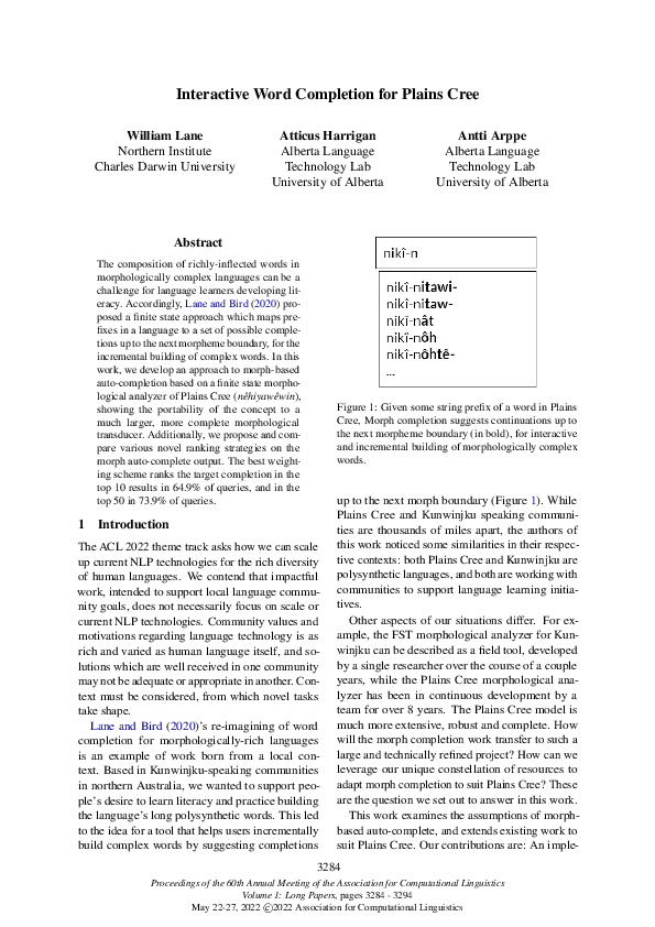 (PDF) Interactive Word Completion for Plains Cree
