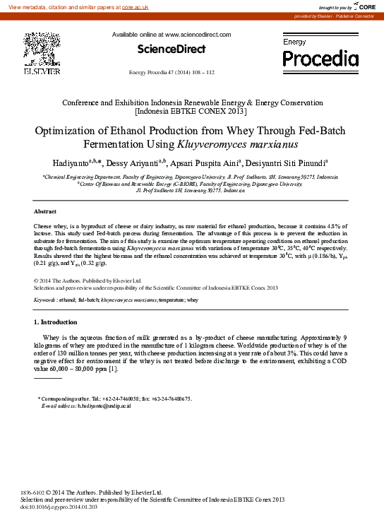 Pdf Optimization Of Ethanol Production From Whey Through Fed Batch Fermentation Using