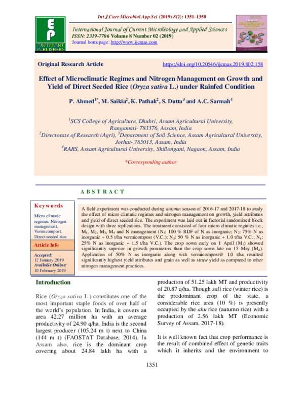 (PDF) Effect of Microclimatic Regimes and Nitrogen Management on Growth ...