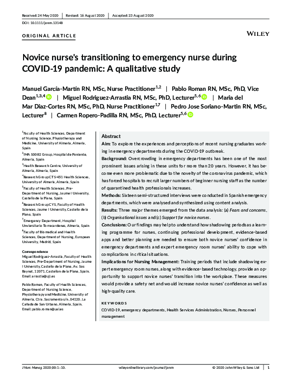 (PDF) Novice nurse's transitioning to emergency nurse during COVID‐19 ...