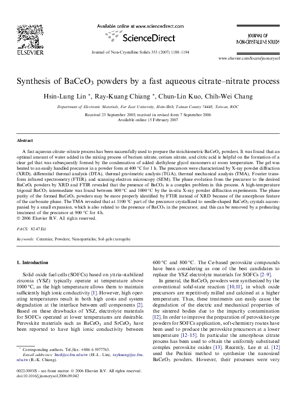(PDF) Synthesis of BaCeO3 powders by a fast aqueous citrate–nitrate process