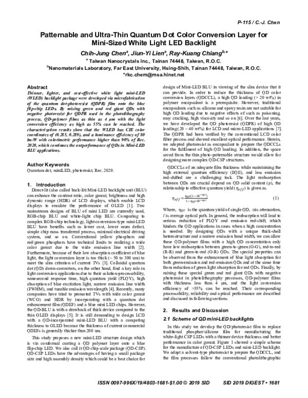 (PDF) P‐115: Patternable and Ultra‐Thin Quantum Dot Color Conversion Layer for Mini‐Sized White ...