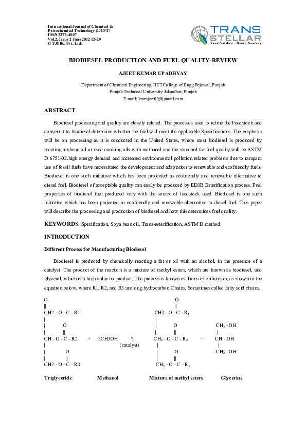 (PDF) Biodiesel Production and Fuel Quality-Review