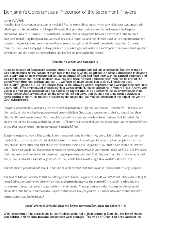 (PDF) Benjamin's Covenant as a Precursor of the Sacrament Prayers