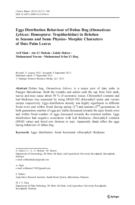 (PDF) Eggs Distribution Behaviour of Dubas Bug (Ommatissus Lybicus ...