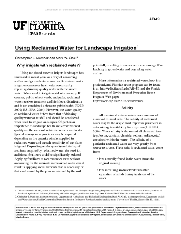 (PDF) Using Reclaimed Water for Landscape Irrigation