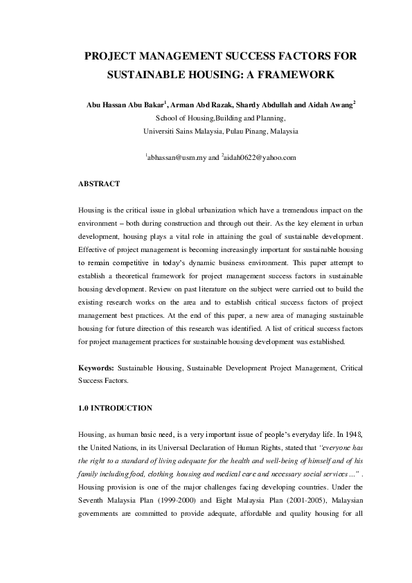 (PDF) Project Management Success Factors for Sustainable Housing: A ...