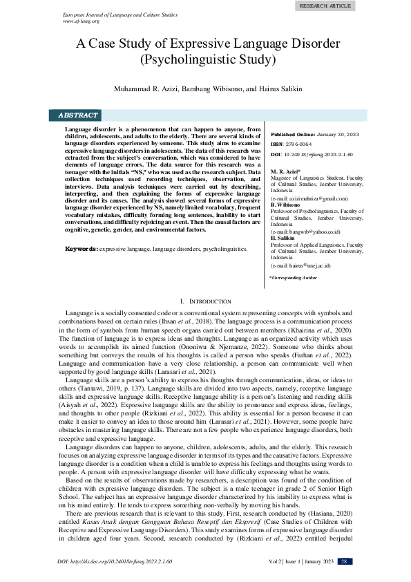 (PDF) A Case Study of Expressive Language Disorder (Psycholinguistic Study)