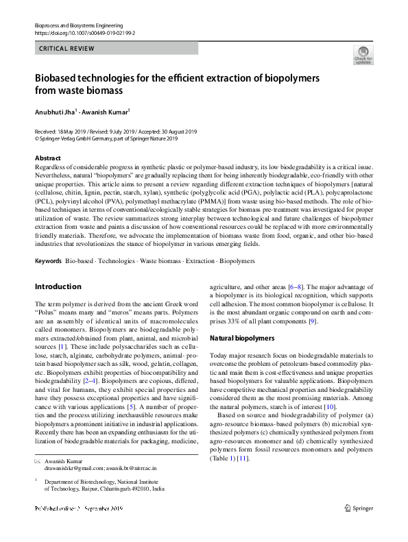 (PDF) Biobased technologies for the efficient extraction of biopolymers from waste biomass