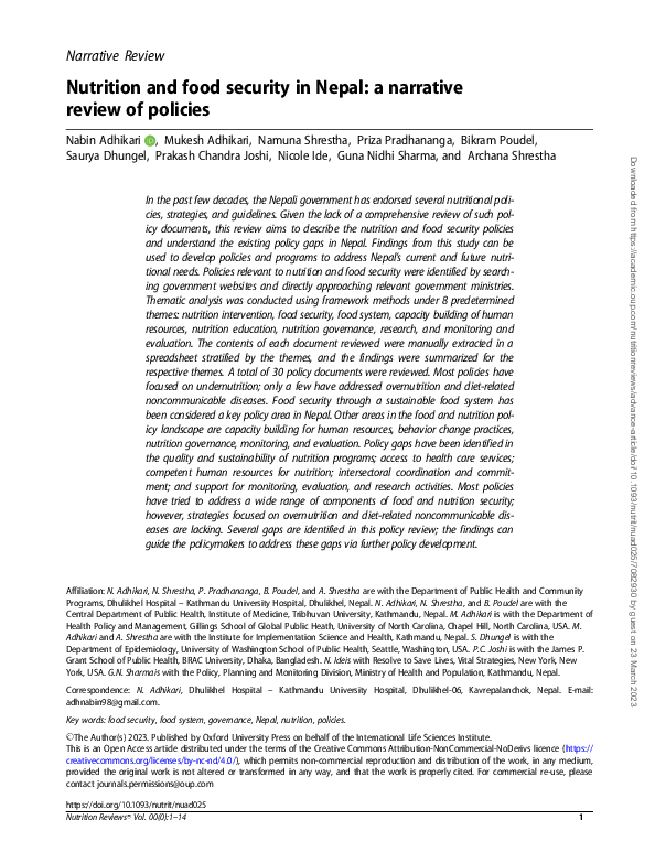 (PDF) Nutrition and food security in Nepal: a narrative review of policies