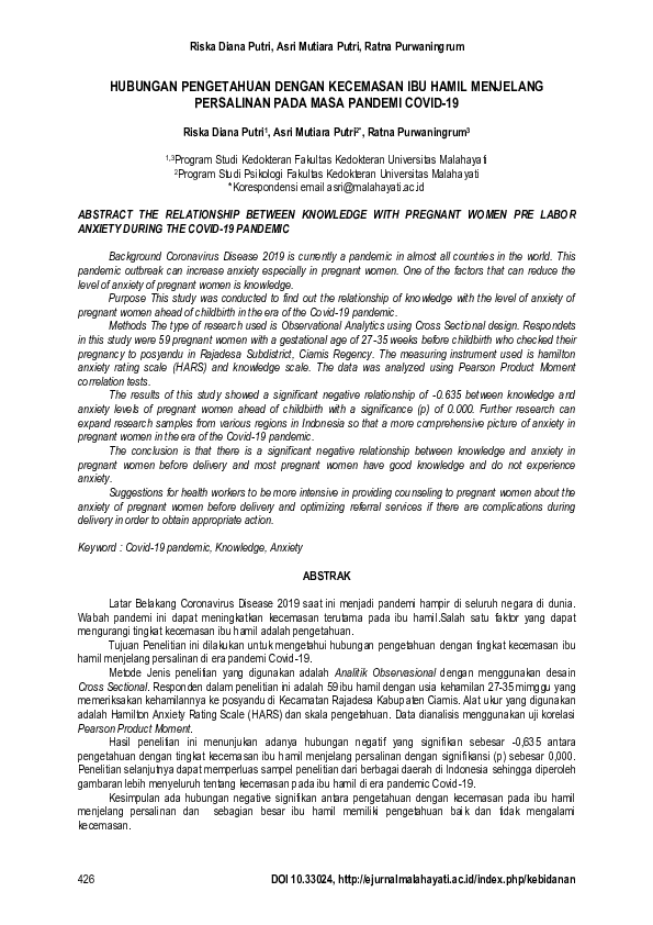 (PDF) Hubungan Pengetahuan Dengan Kecemasan Ibu Hamil Menjelang Persalinan Pada Masa Pandemi ...