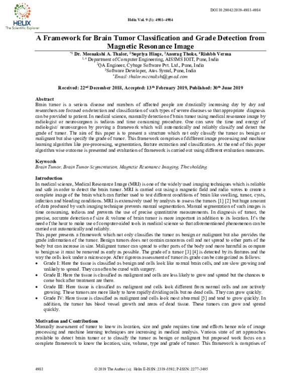 Pdf A Framework For Brain Tumor Classification And Grade Detection