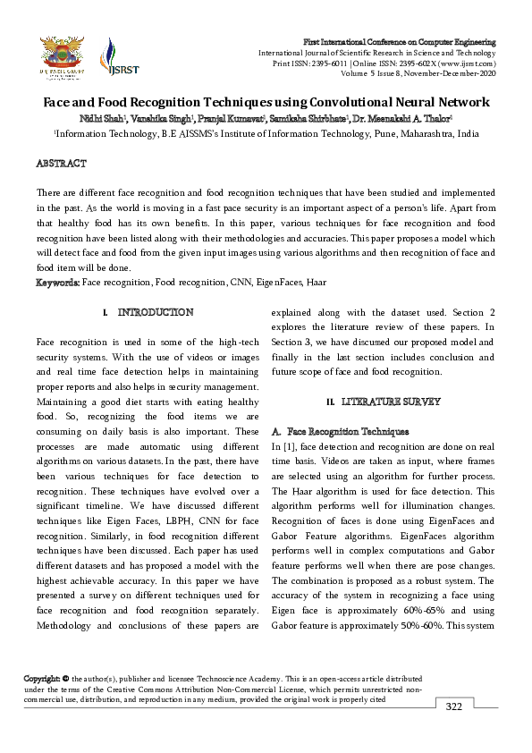 Pdf Face And Food Recognition Techniques Using Convolutional Neural Network