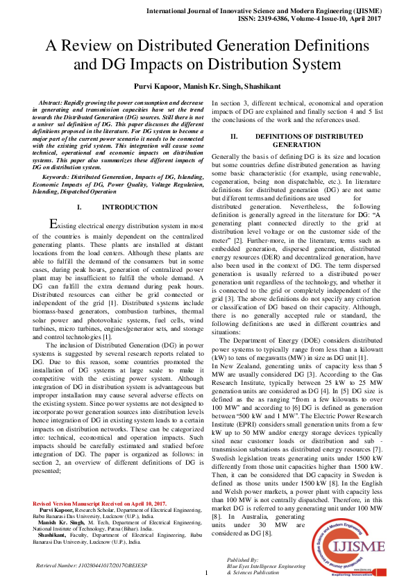 (PDF) A Review on Distributed Generation Definitions and DG Impacts on Distribution System