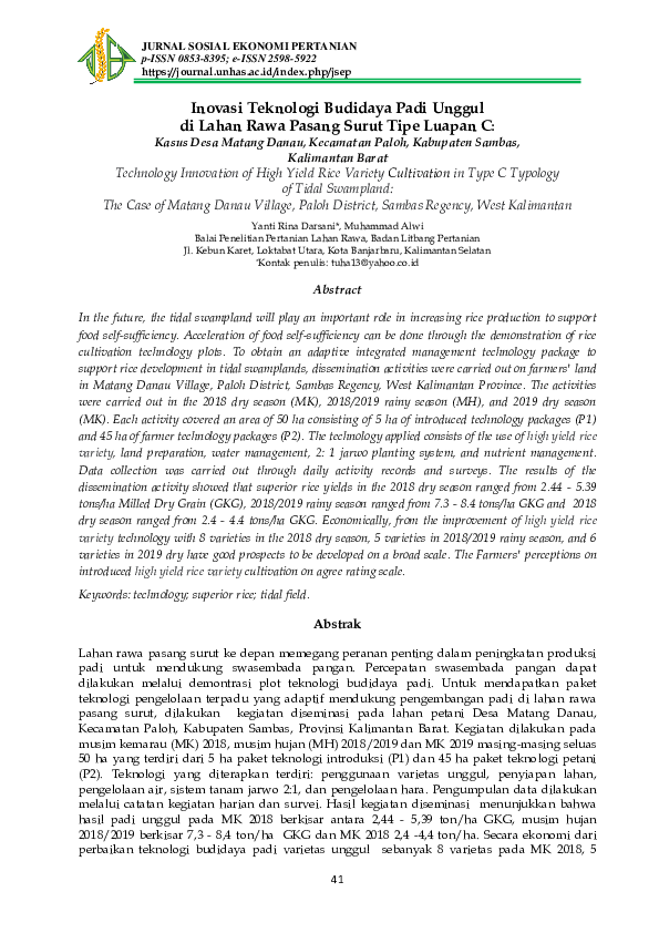(PDF) Inovasi Teknologi Budidaya Padi Unggul di Lahan Rawa Pasang Surut Tipe Luapan C | muhammad ...