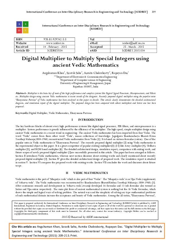 (PDF) Digital Multiplier to Multiply Special Integers using ancient ...